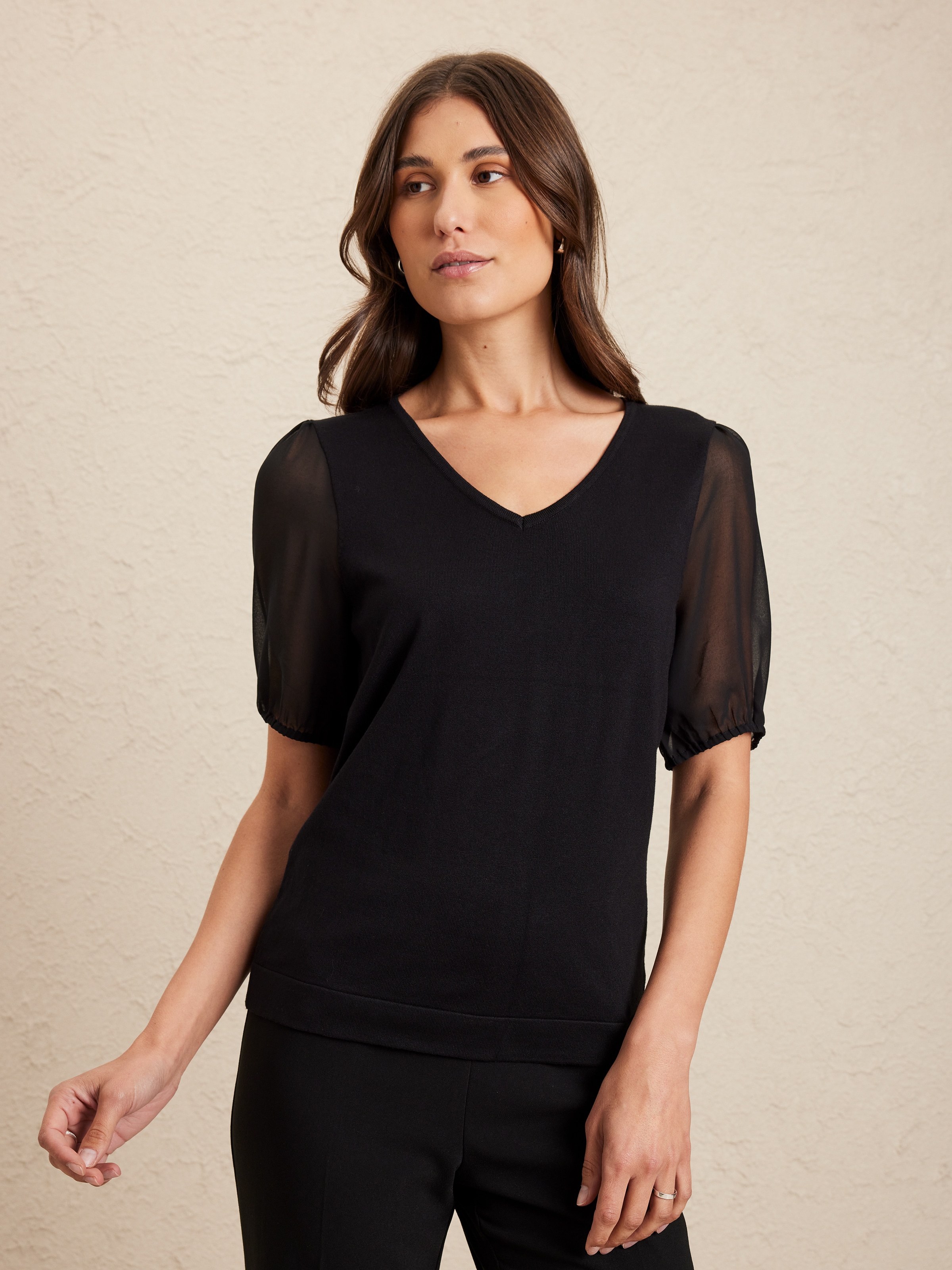 Elbow Sheer Alley V Neck Jumper Black - JacquiE Online